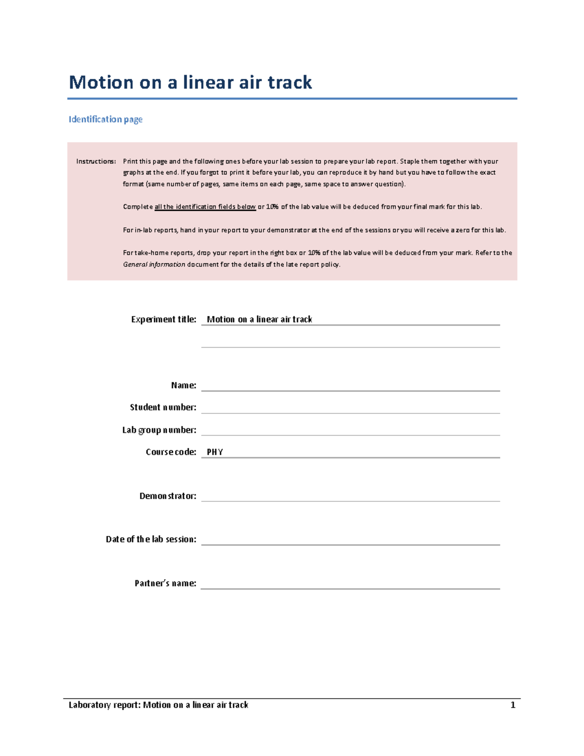 PHY Lab Report - Motion on a Linear Air Track Experiment - Studocu