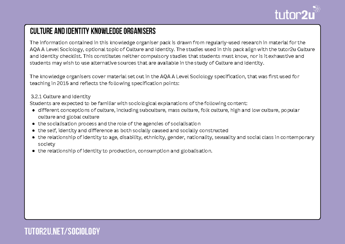 AQA A Level Sociology: Culture and Identity Knowledge Organisers - Studocu