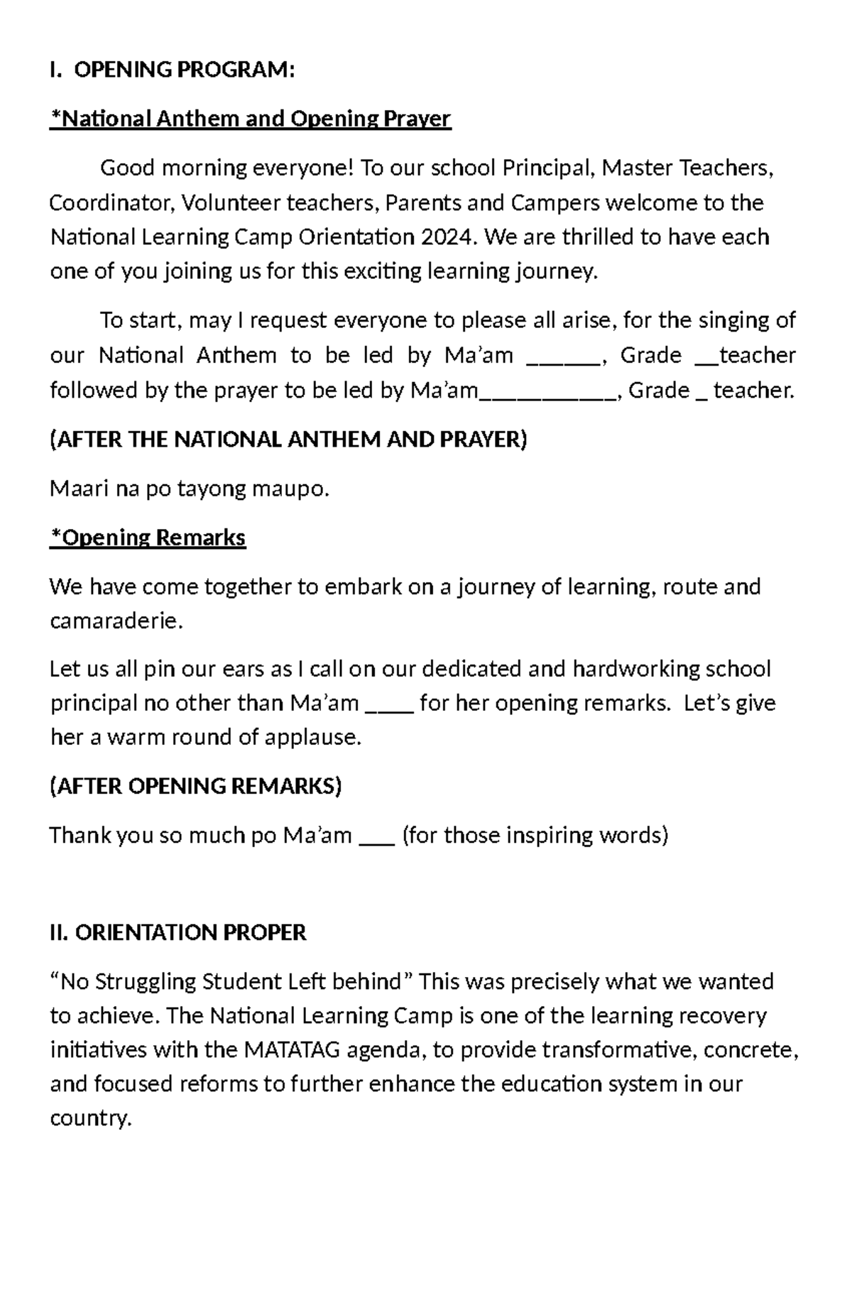 NLC Orientation Script 2024: Opening Program & Learning Camp Insights ...