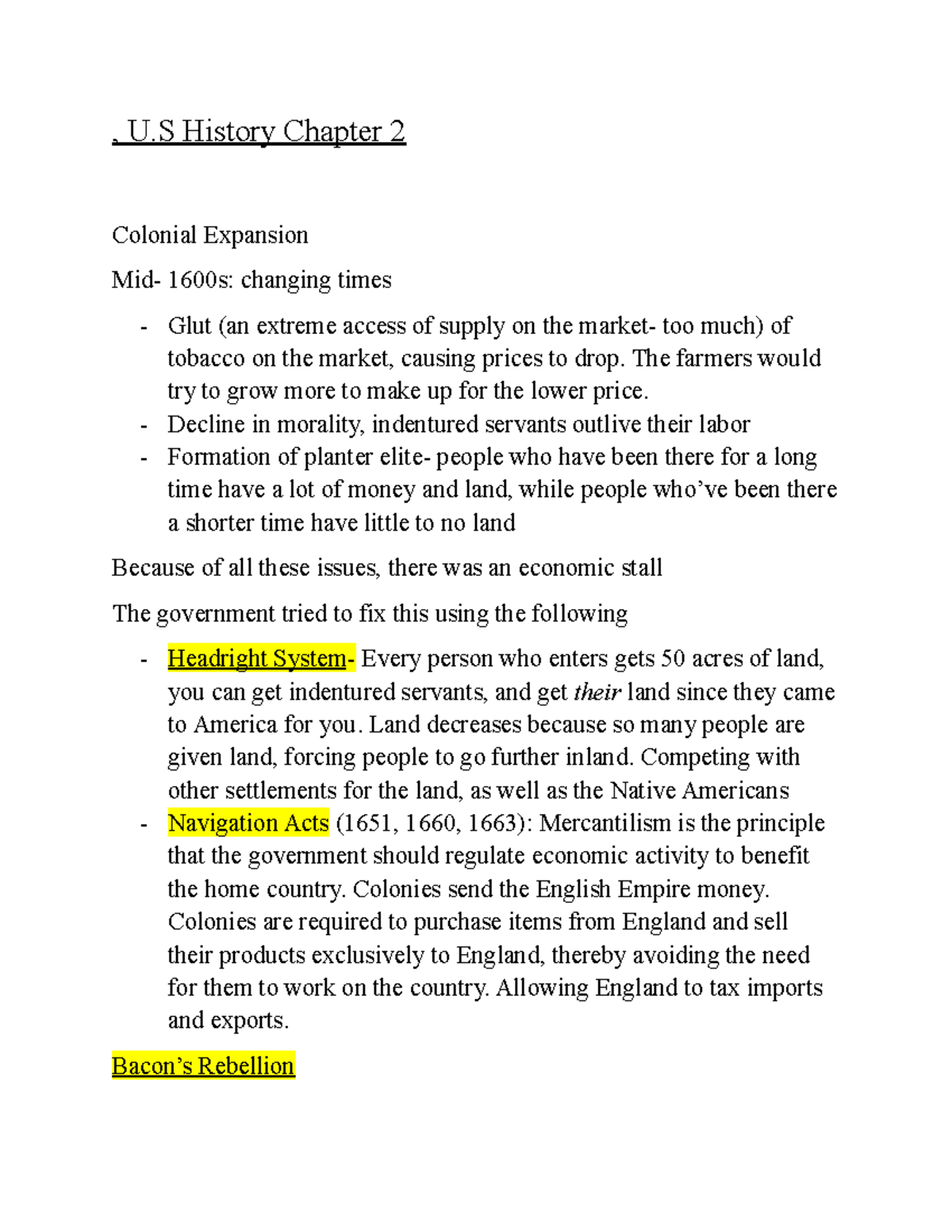 U.S. History Chapter 2: Colonial Expansion and Economic Changes - Studocu