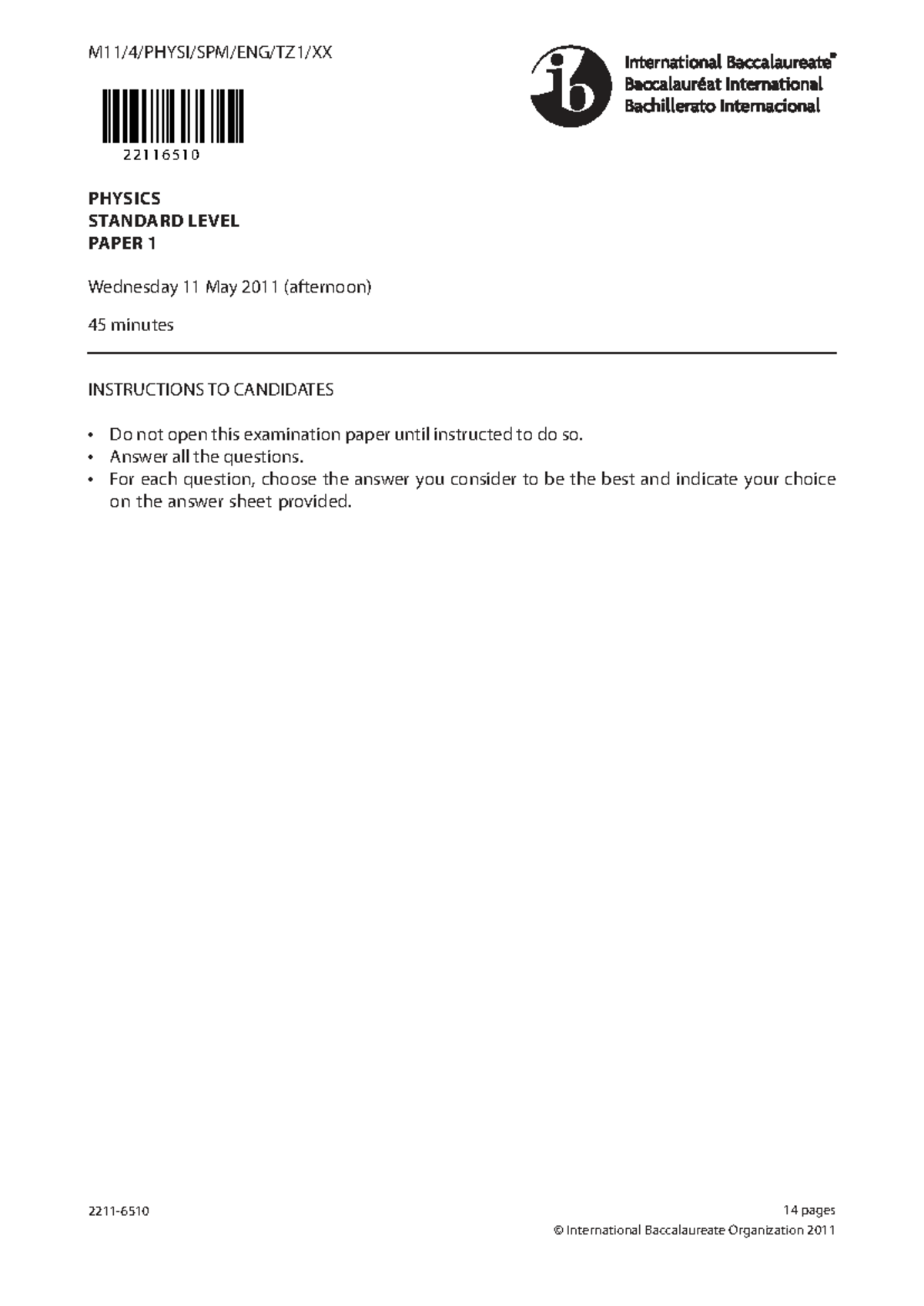 Physics Paper 1 TZ1 SL - Standard Level Exam, May 11, 2011 - Studocu