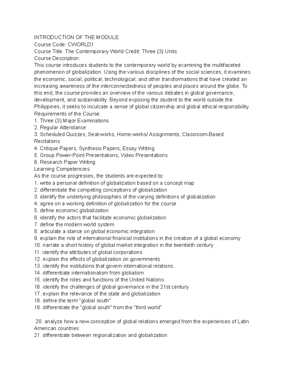 CWORLD - Notes on The Contemporary World Module and Globalization - Studocu