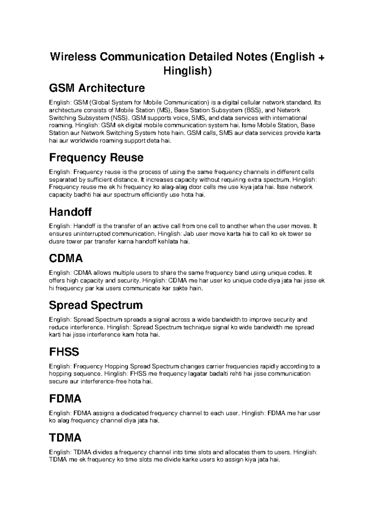 Wireless Communication Detailed Notes (GSM, CDMA, FHSS, TDMA) - Studocu