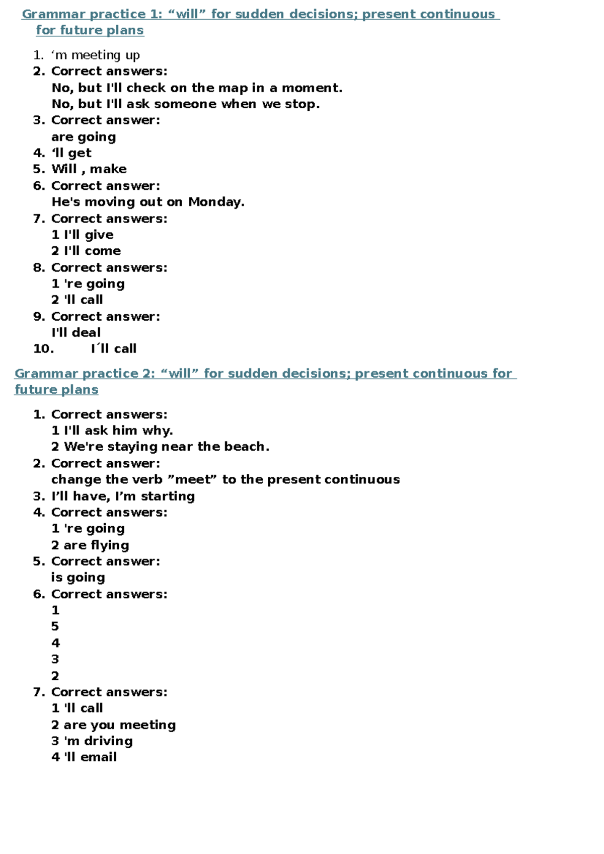 Ingles Unit 4: Grammar Practice & Answers for Future Plans - Studocu