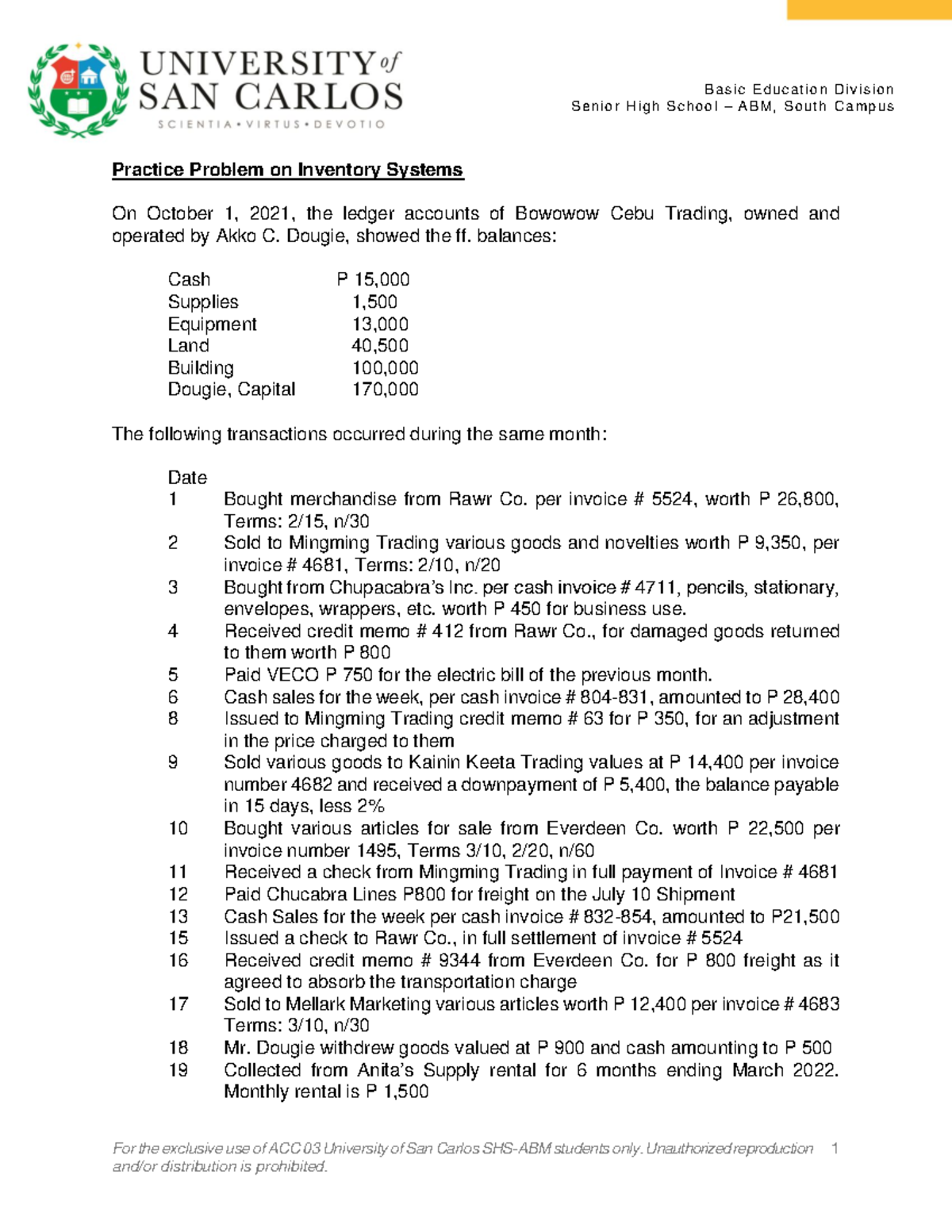 ACC 03: Practice Problems on Inventory Systems - Periodic & Perpetual - Studocu