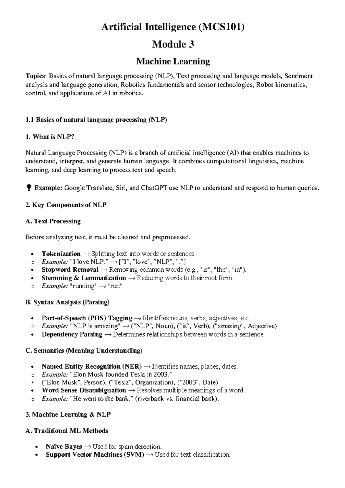 MCS101 Module 3: AI & Machine Learning in NLP and Robotics - Studocu
