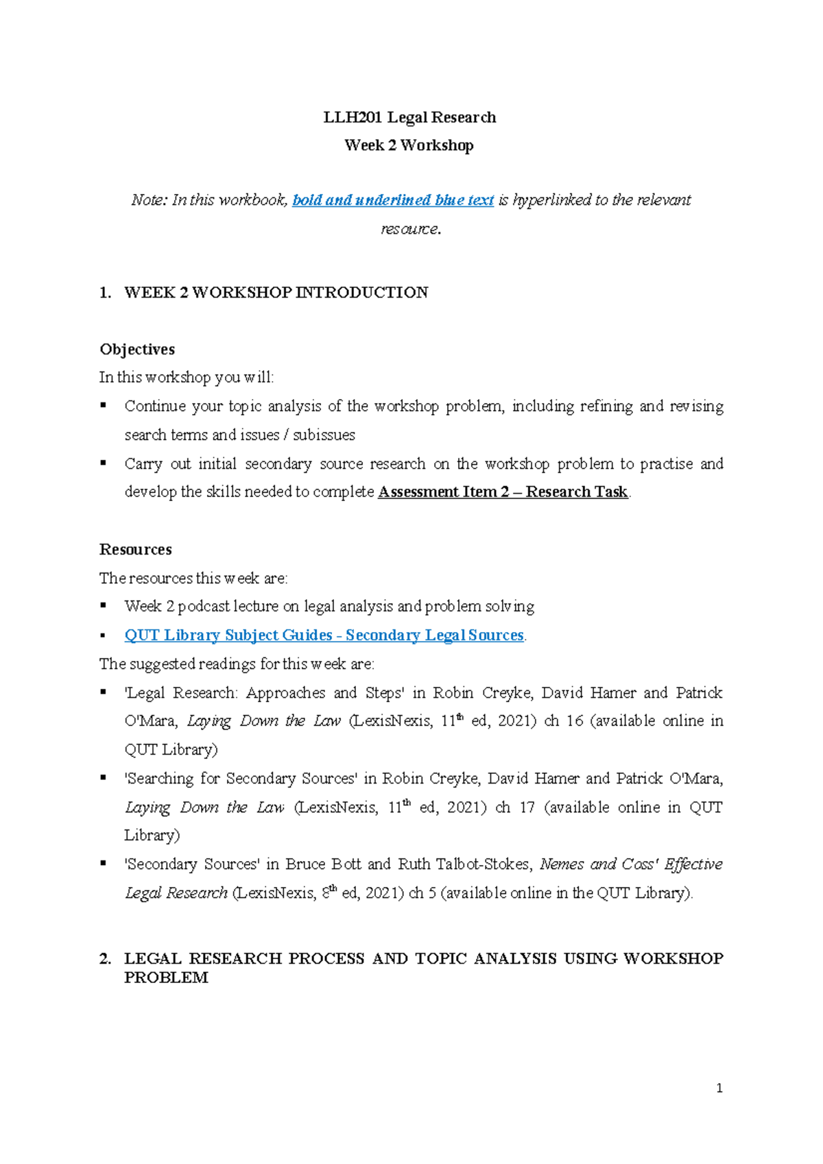 Week 2 Workbook - Tutorial 2 - LLH201 Legal Research Week 2 Workshop ...