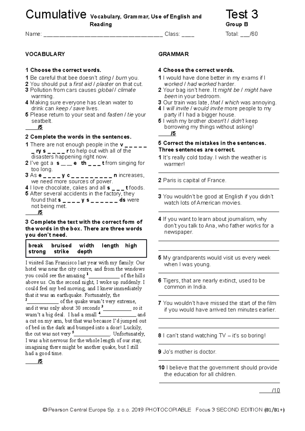 Focus 3 2E Cumulative Test 3 Units 1-6: Vocabulary & Grammar - Studocu