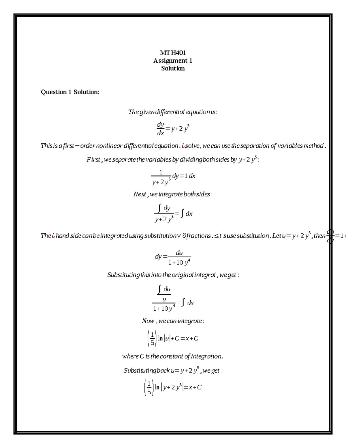 MTH401 Assignment 1 Differential Equations Solutions by Mudasar Qureshi ...