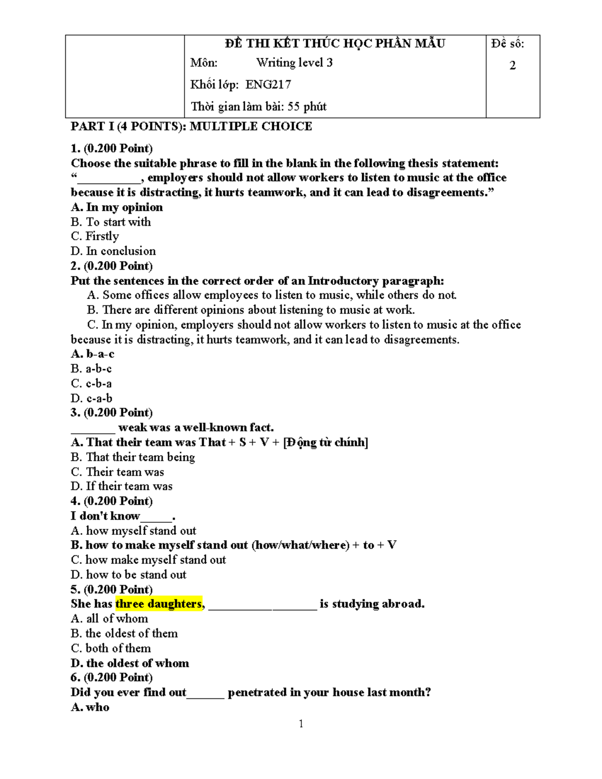 Sample Final Test - ENG217: Writing Level 3 - Test 2 - Studocu