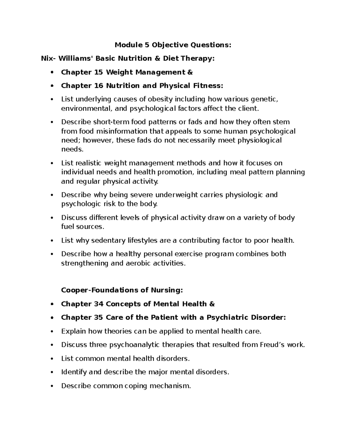 Module 5 Objectives: Nutrition & Mental Health Care Insights - Studocu