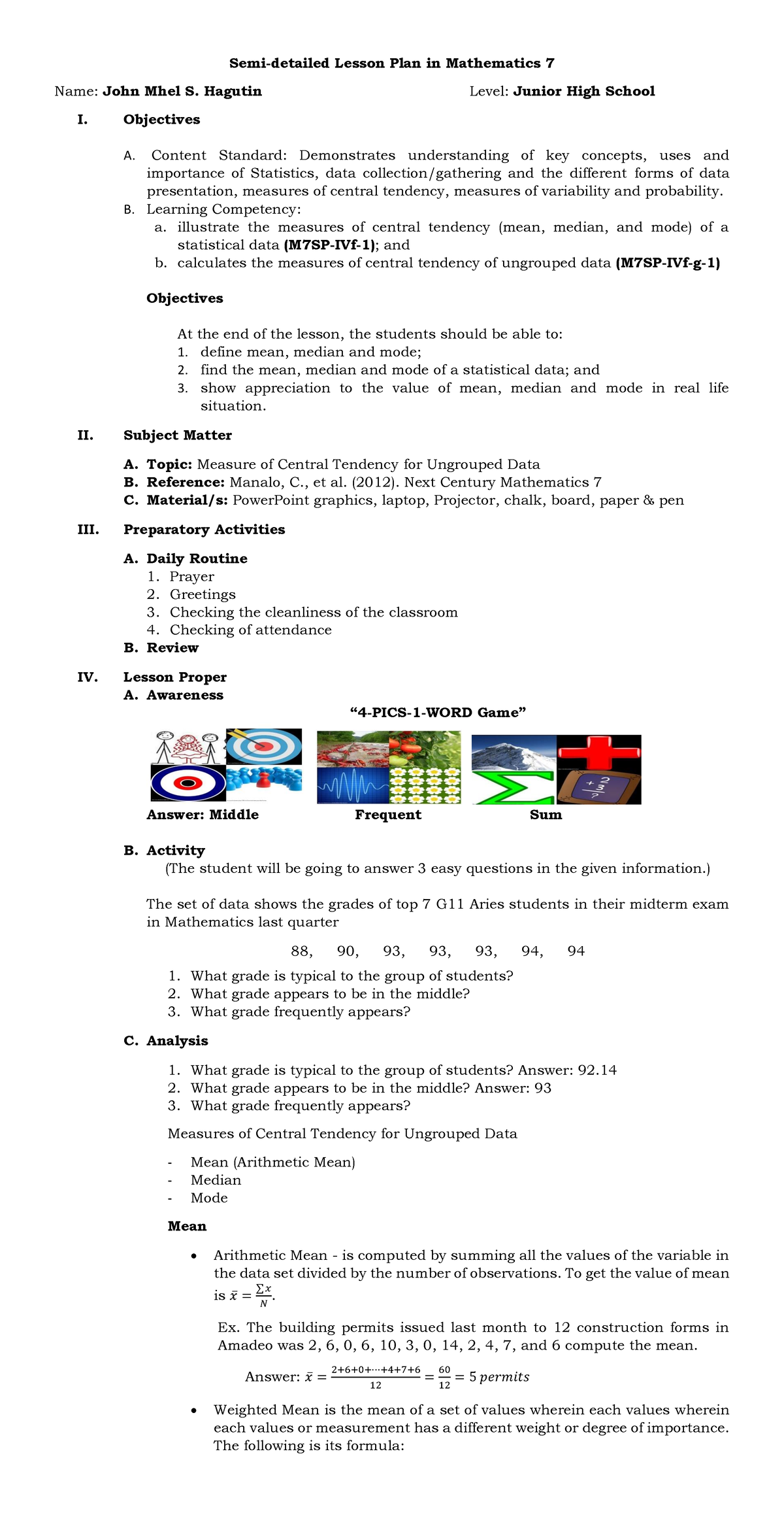 Semi-Detailed Lesson Plan on Measure of Central Tendency (M7SP-IVf ...