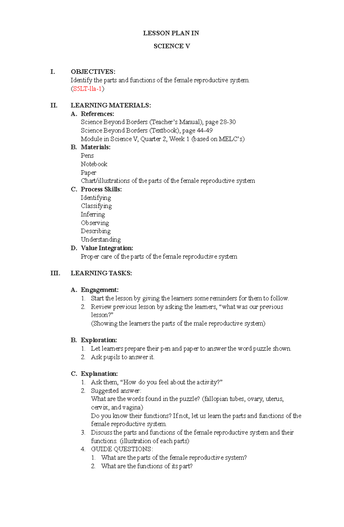 Lesson Plan in Science V - Female Reproductive System (COT) - Studocu