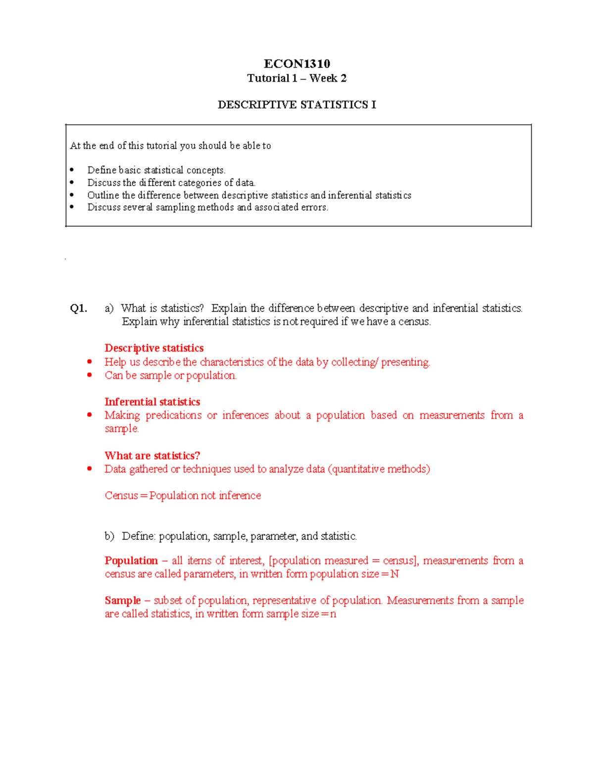 ECON1310 Tutorial 1 Week 2 - Descriptive Statistics Overview - Studocu