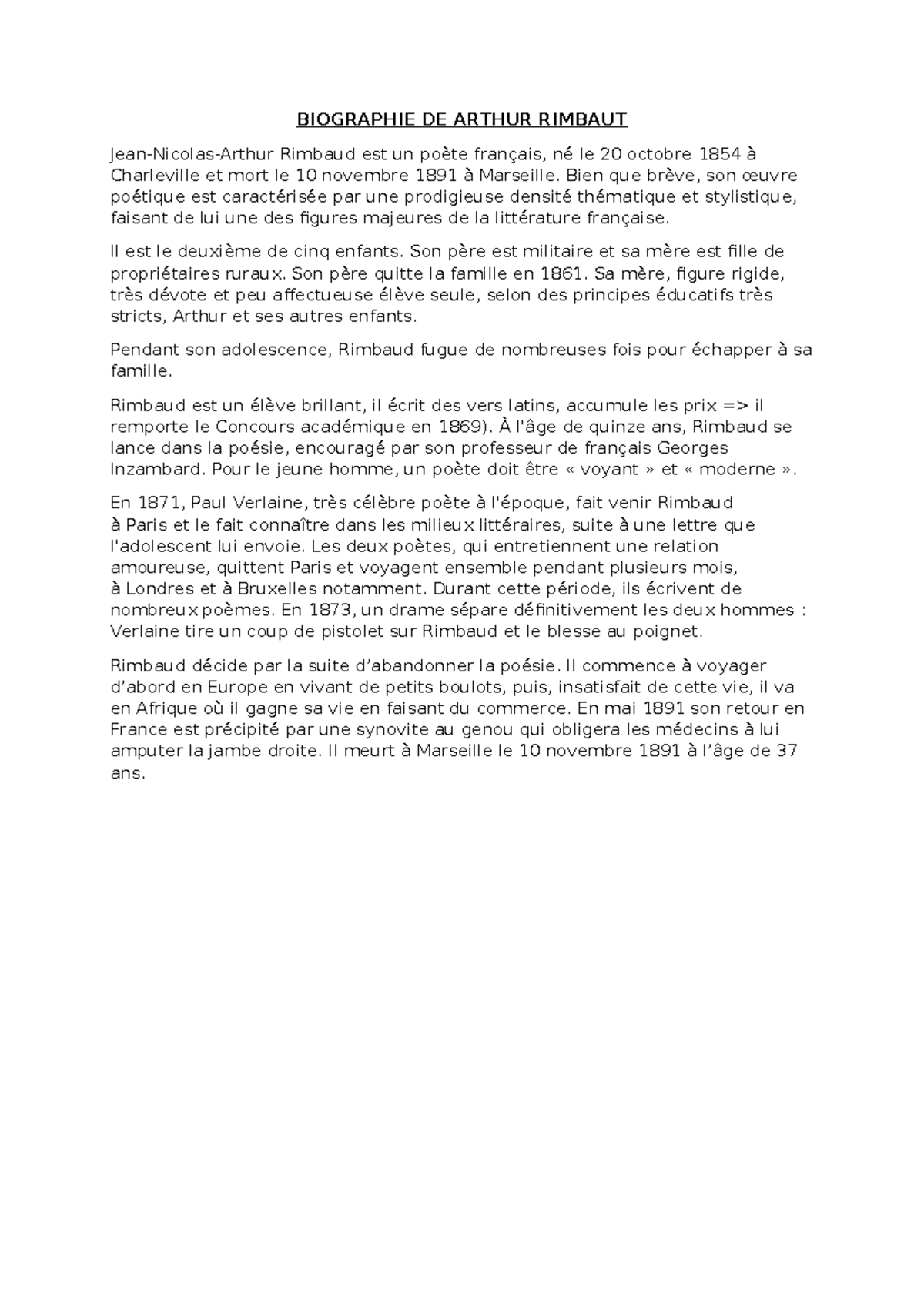 Biographie DE Arthur Rimbaut - BIOGRAPHIE DE ARTHUR RIMBAUT Jean ...