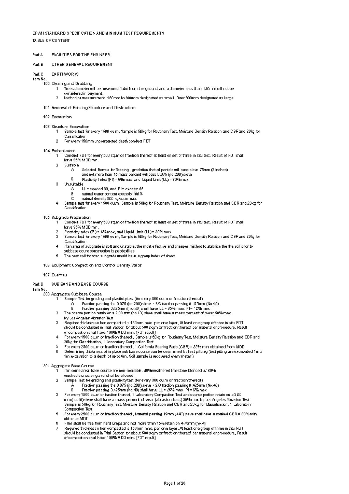 DPWH BLUE BOOK Standard Specs & Min Test Requirements Summary - Studocu