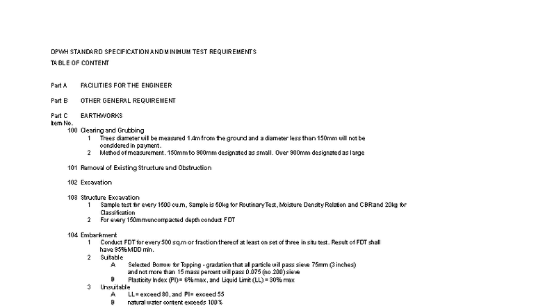 DPWH BLUE BOOK Standard Specs & Min Test Requirements Summary - Studocu