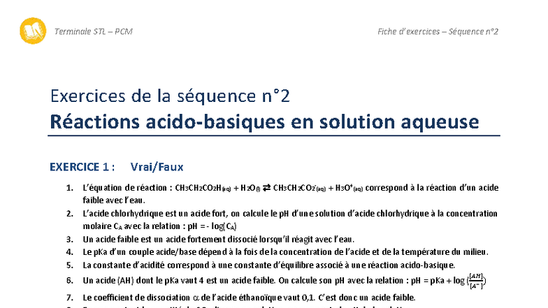 Exercices Acides Bases - Terminale STL PCM - Studocu