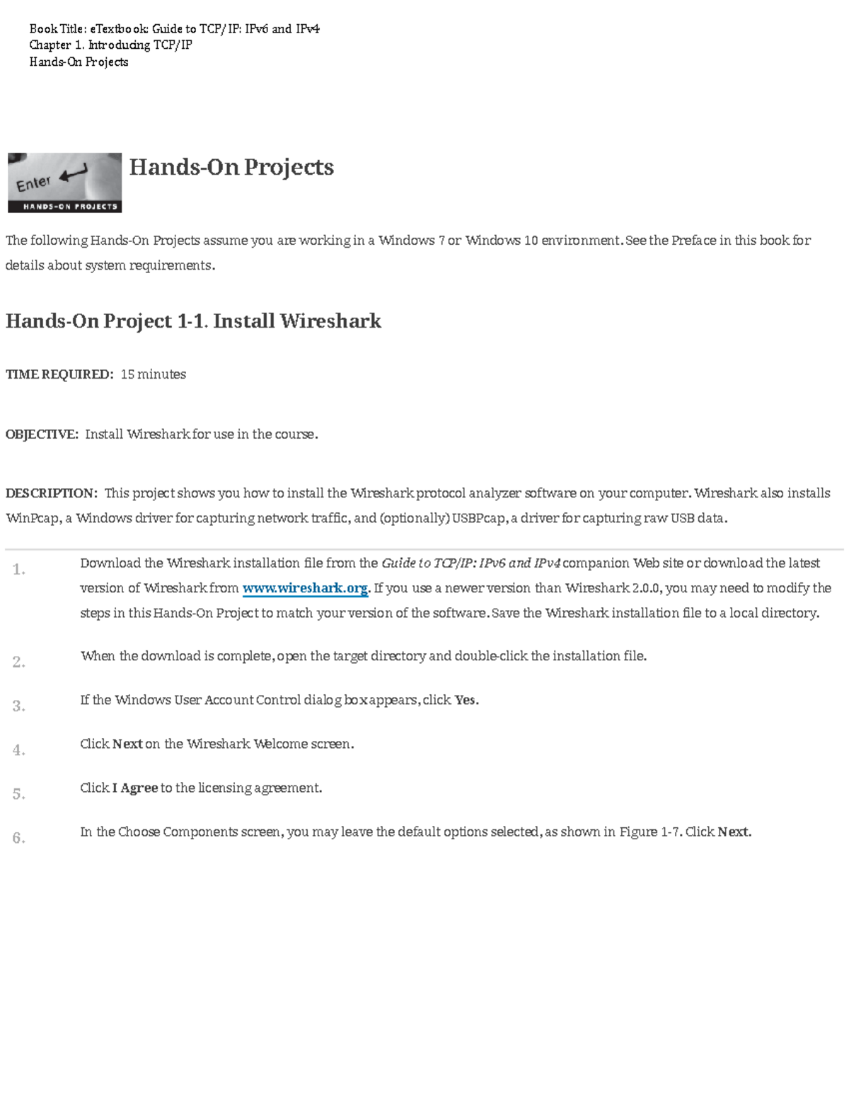 Hands-On Projects for Wireshark Installation and Usage - TCP/IP Guide - Studocu