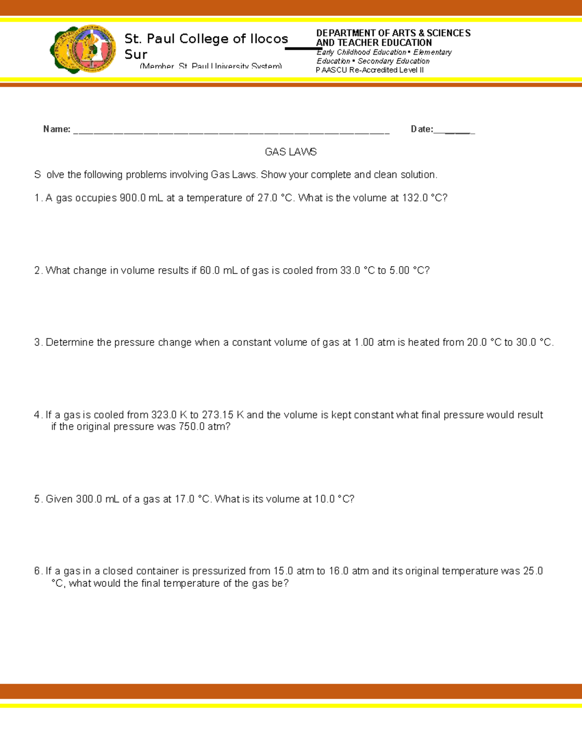 GAS LAWS Worksheet - St. Paul College of Ilocos Sur - Studocu