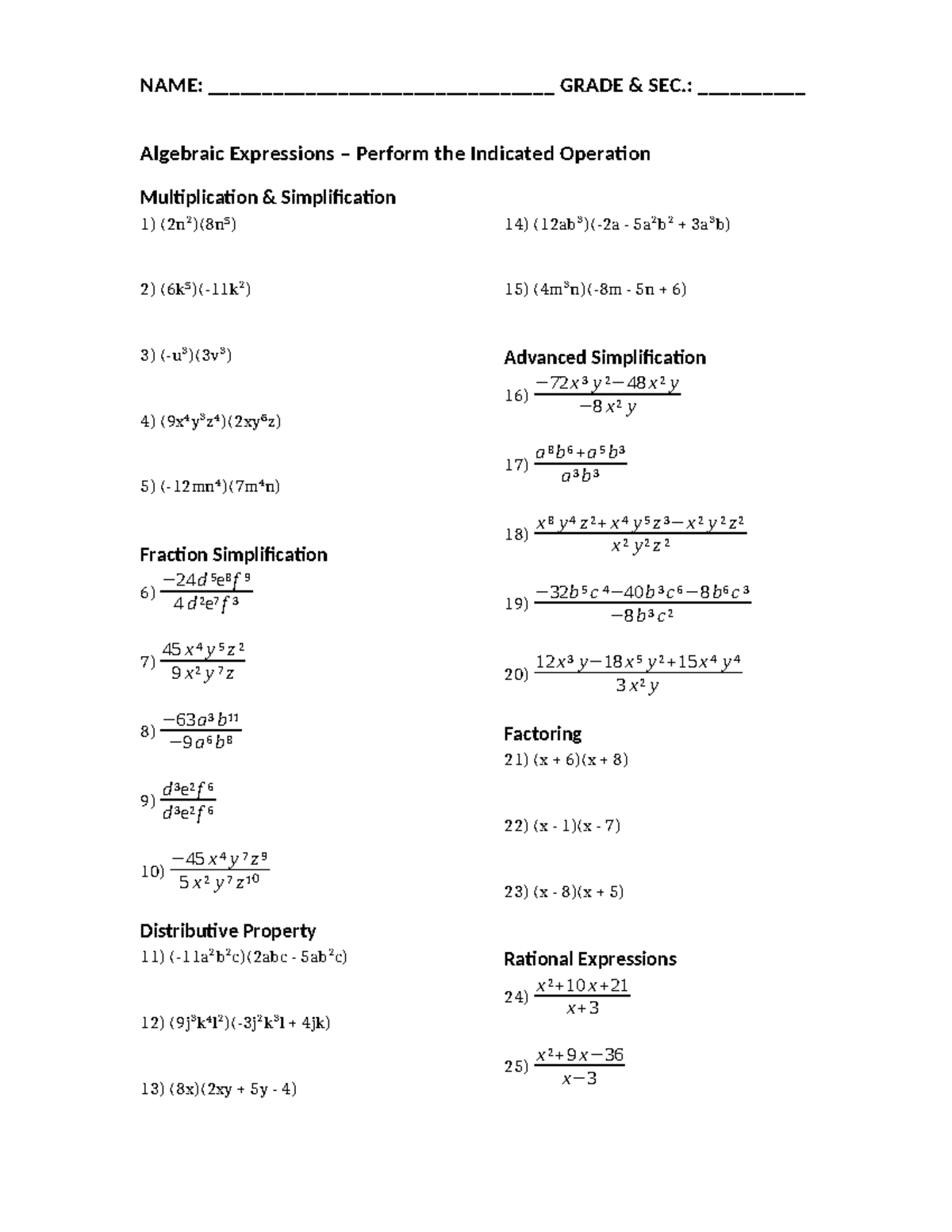 Algebraic Expressions Operations - Advanced Techniques ...