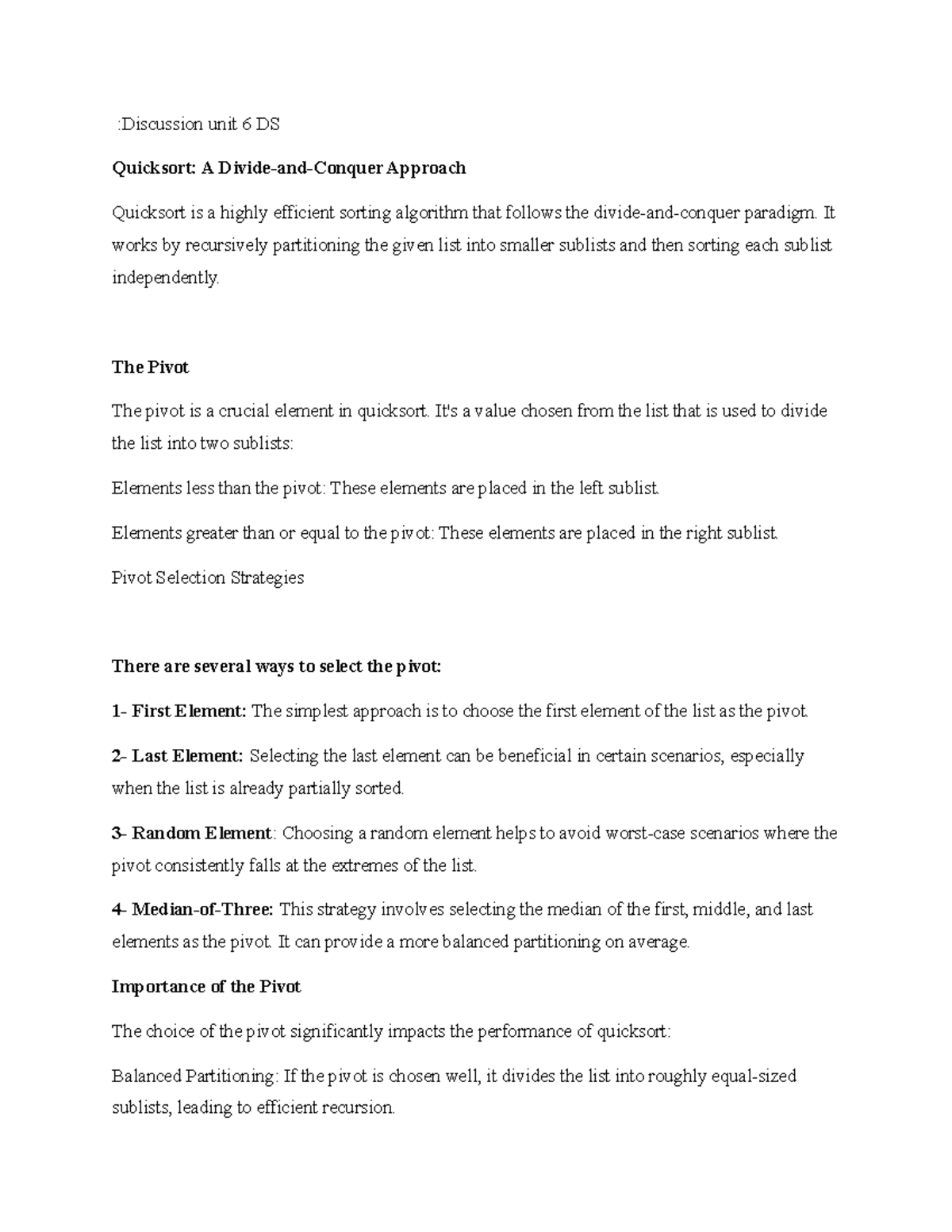 Discussion unit 6 DS - :Discussion unit 6 DS Quicksort: A Divide-and-Conquer Approach Quicksort ...