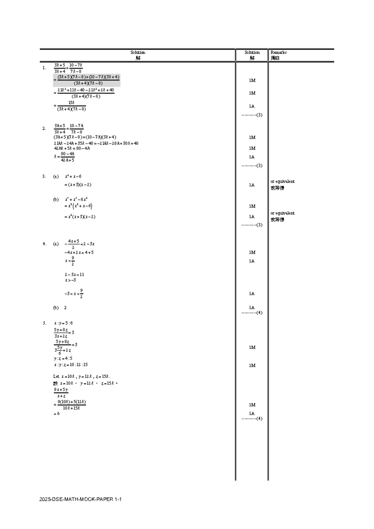 DSE Math Mock Exam Paper 1 Solutions and Marking Scheme - Studocu