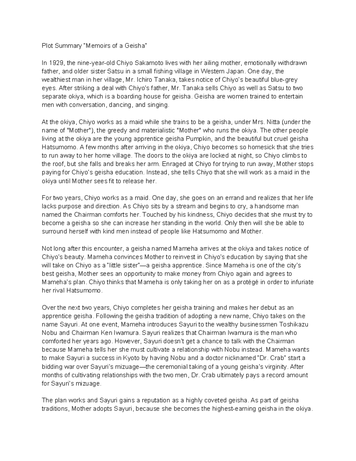 Memoirs of a Geisha: Plot Summary and Analysis - Studocu