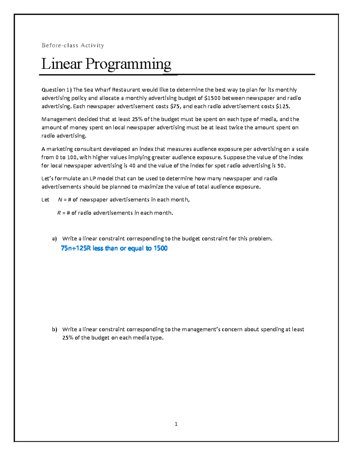 Activity Linear Programming: Sea Wharf Restaurant Ad Budget (LP 2 ...