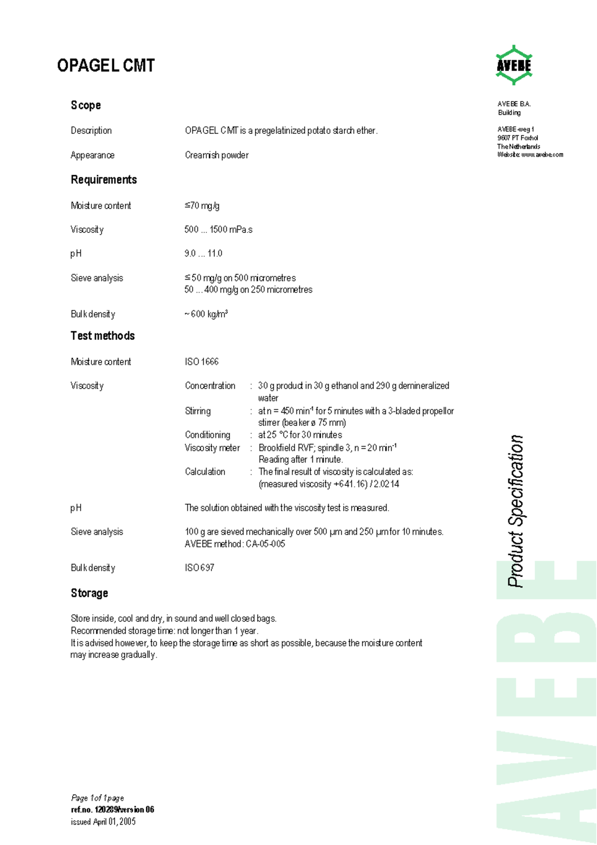 OPAGEL CMT Product Specification & Test Methods (B.A.) - Studocu