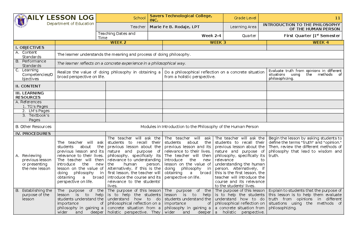 DAILY LESSON LOG - DAILY LESSON LOG Department of Education School ...