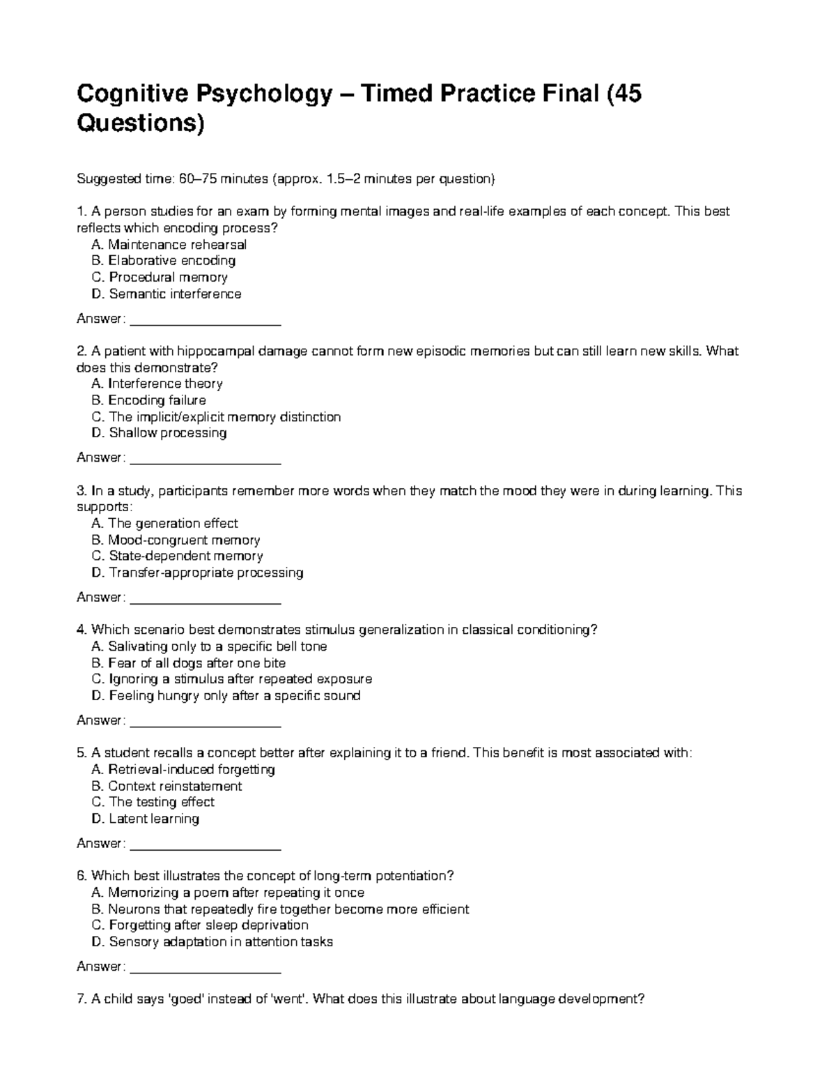 Cognitive Psych 101 Timed Practice Final Exam (45 Questions) - Studocu