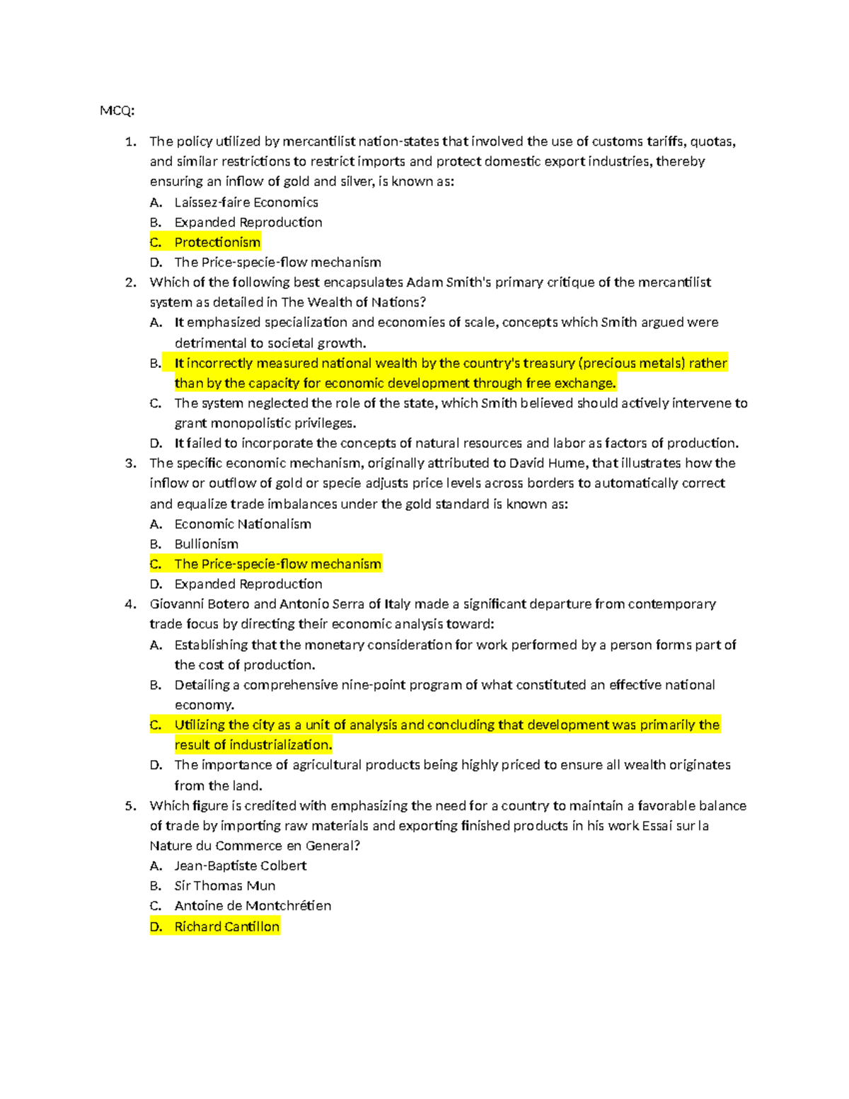 EconDev Quiz Sample: MCQs on Mercantilism and Economic Theories - Studocu
