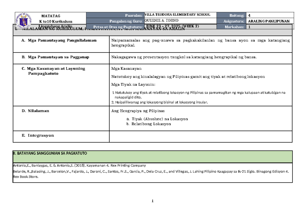 AP4: Lingguhang Aralin sa Heograpiya ng Pilipinas (WEEK 2) - Studocu