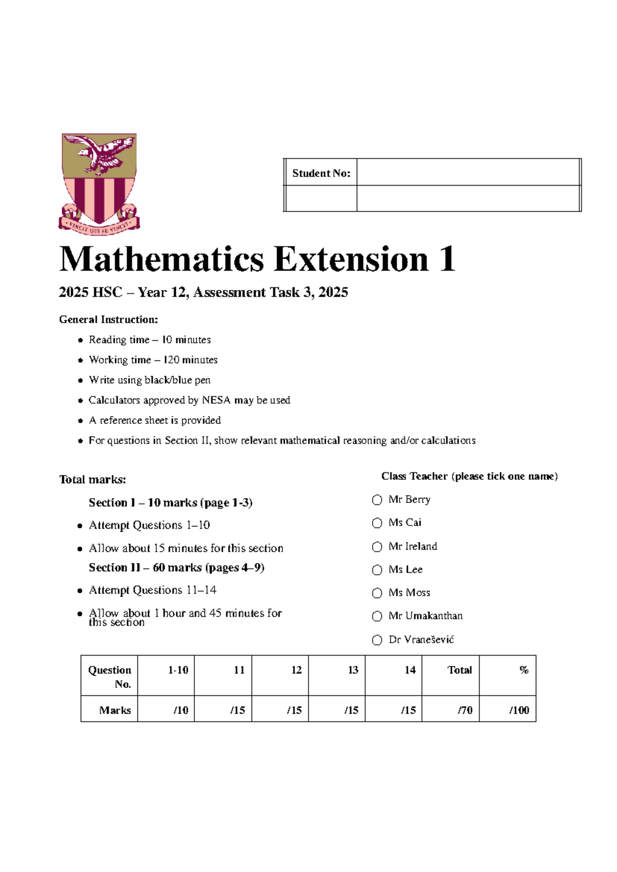 2025 HSC Year 12 Mathematics Extension 1 Assessment Task 3 - Studocu