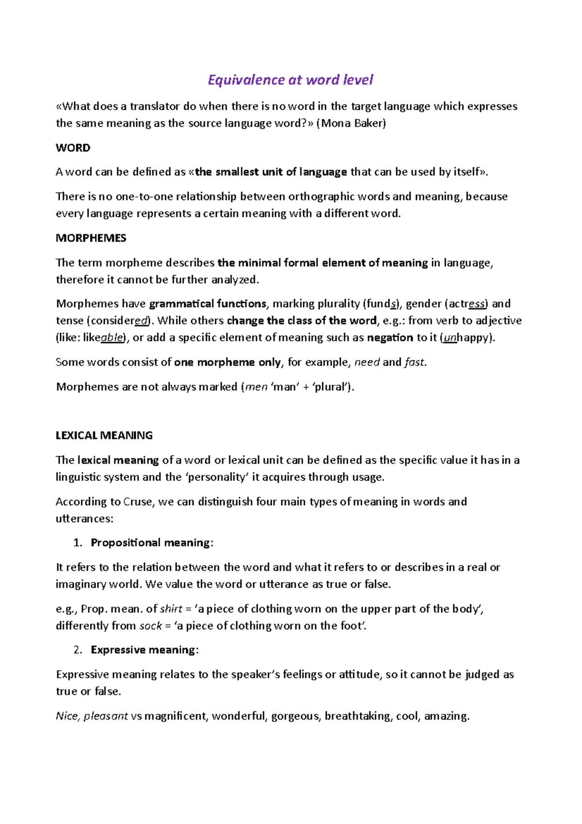 2- ( Lesson 3) Equivalence at word level - Equivalence at word level «What does a translator do ...