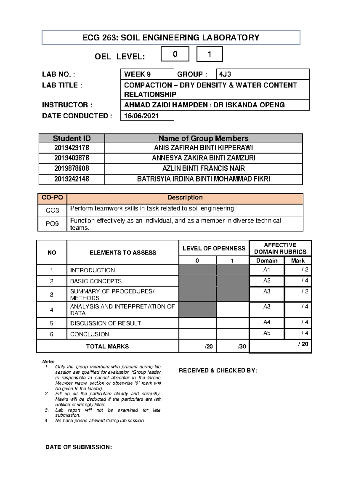 Lab Report COMPACTION – DRY DENSITY & WATER CONTENT RELATIONSHIP - LAB ...