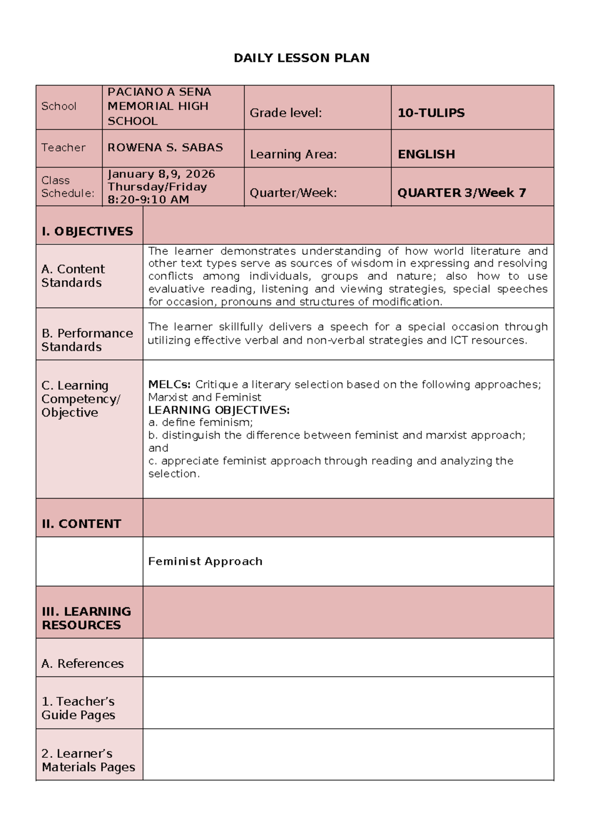Feminist Approach - Daily Lesson Plan for ENGLISH 7 - Studocu