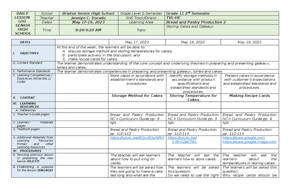 Lesson Plan: Storing Cakes - BPP 2nd Sem - Brixton Senior High - Studocu