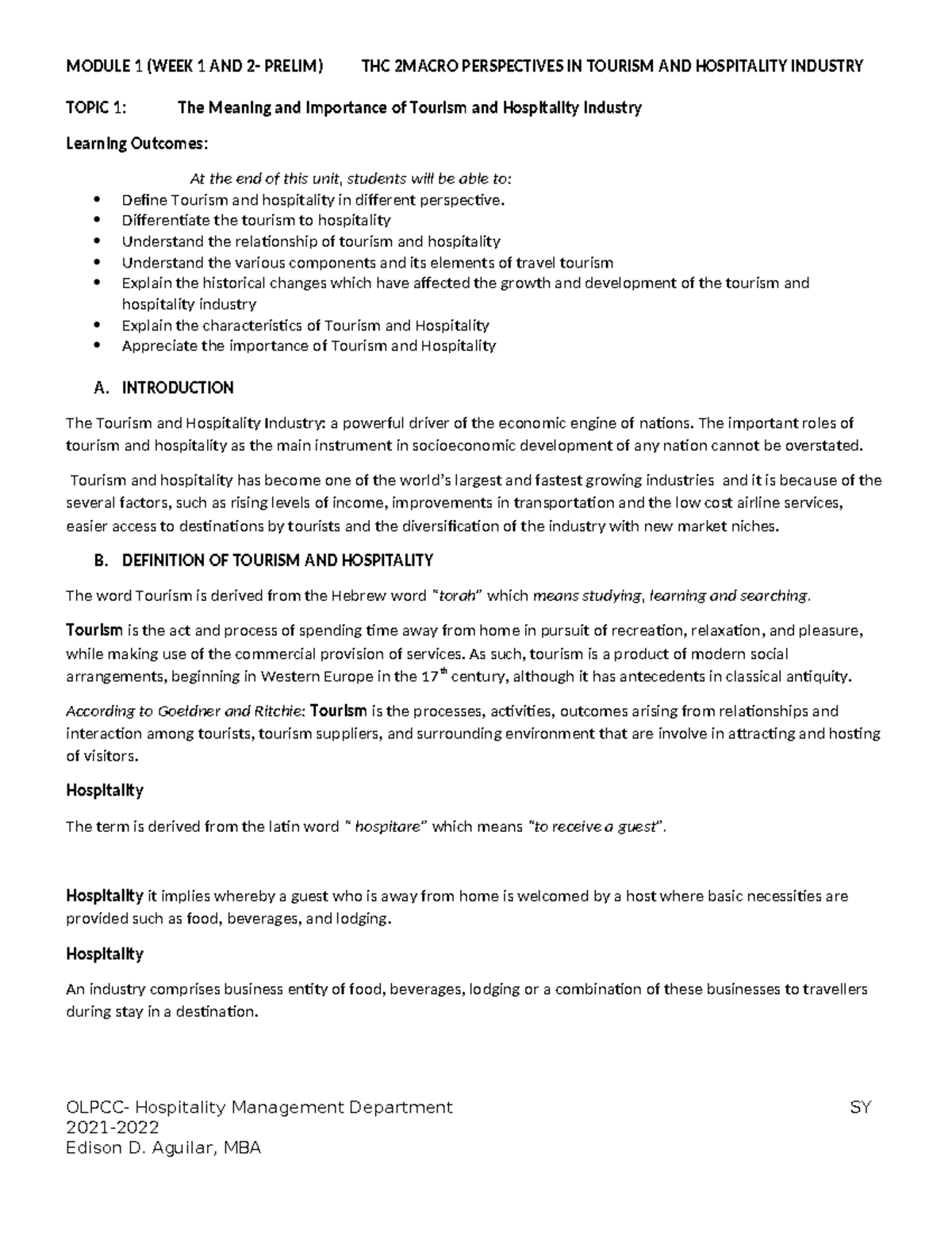 Unit 1: Intro to Tourism & Hospitality Management (OLPCC) - Studocu