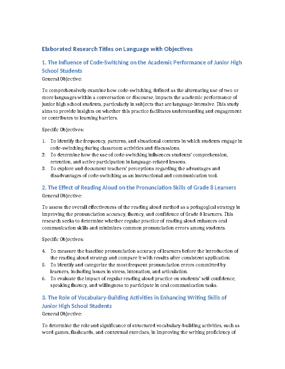 Elaborated Research Titles on Language & Objectives for JHS & Grade 8 ...