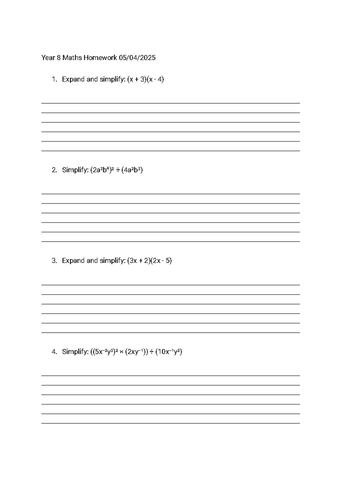 Year 8 Maths Homework - Expanding and simplifying and Index Laws - Year ...