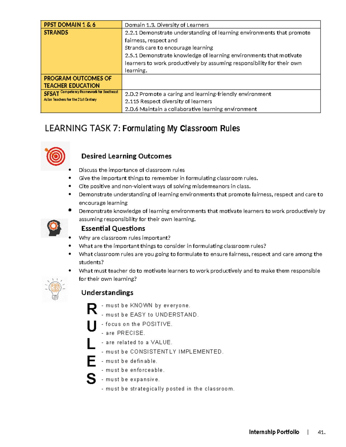 Learning TASK 7 & 8: Formulating Classroom Rules for Fairness & Respect ...