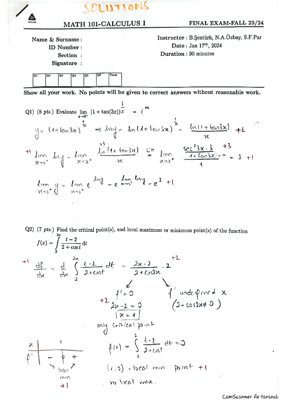 Math 101 Final Exam Solutions 2023-2024 with Instructor Bürk - Studocu