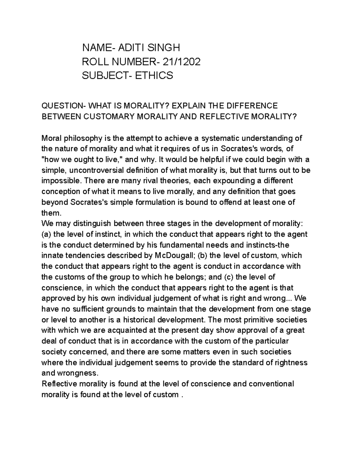 Ethics Assignment: Morality vs. Customary & Reflective Morality - Studocu