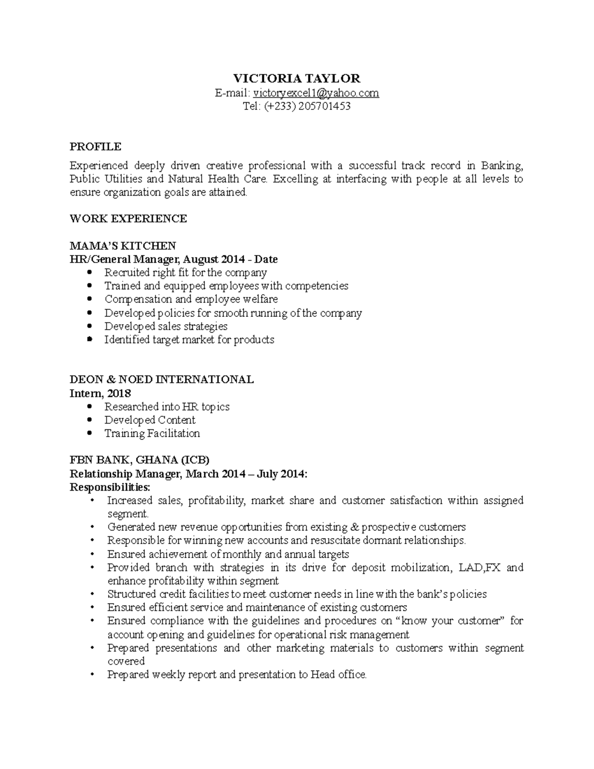 HRM CV of Victoria Taylor - Professional Profile & Experience - Studocu