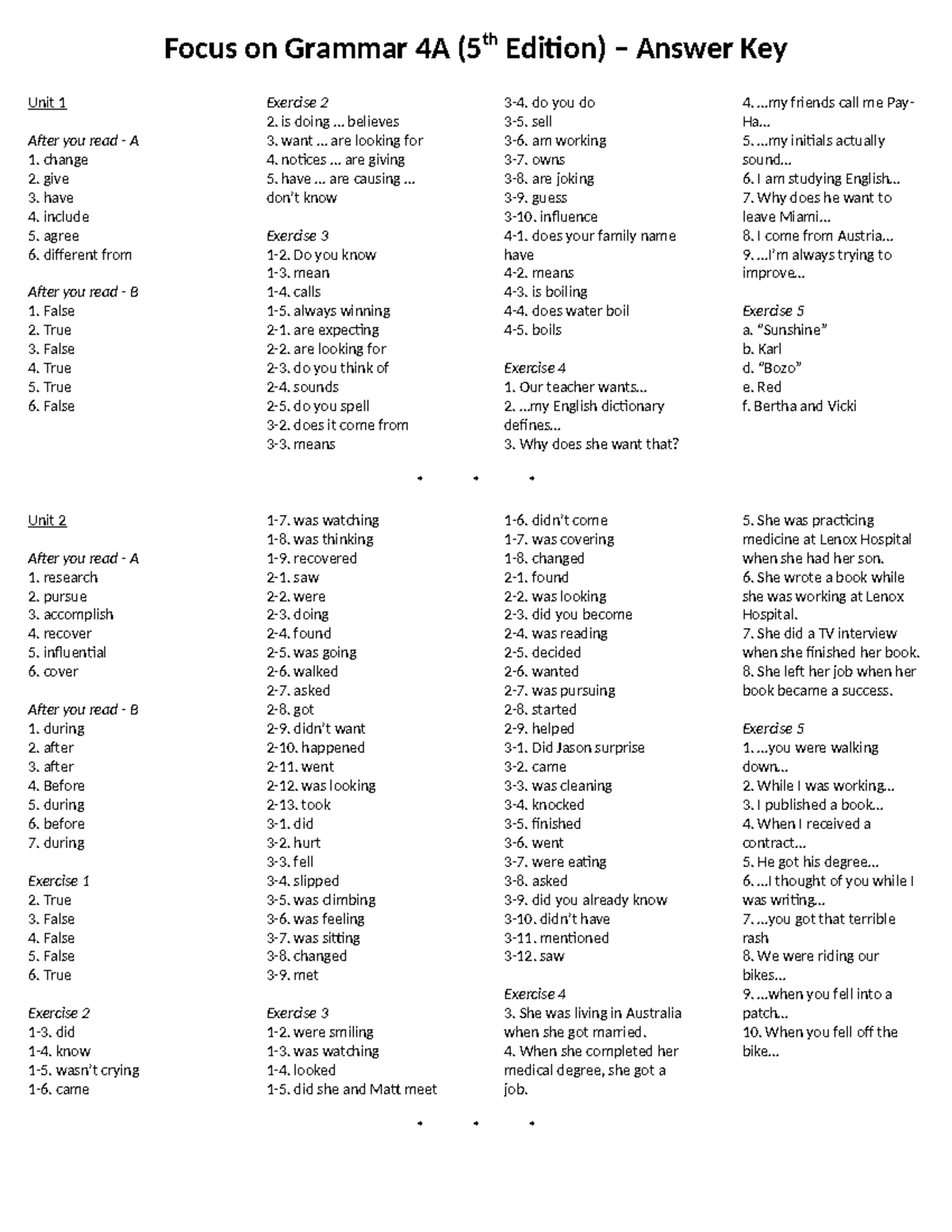 Focus on Grammar 4A (5th Ed.) Answer Key for Units 1-13 - Studocu