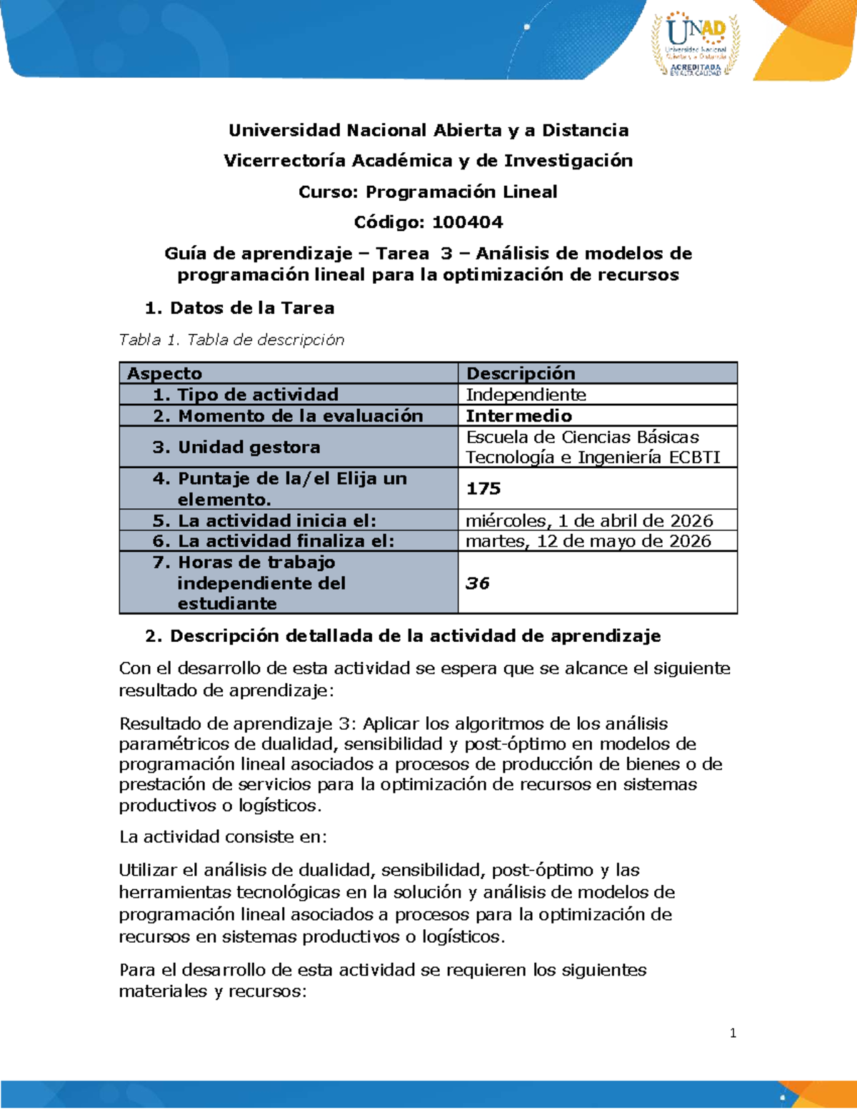 Guía de Aprendizaje Tarea 3: Análisis de Programación Lineal - Código ...