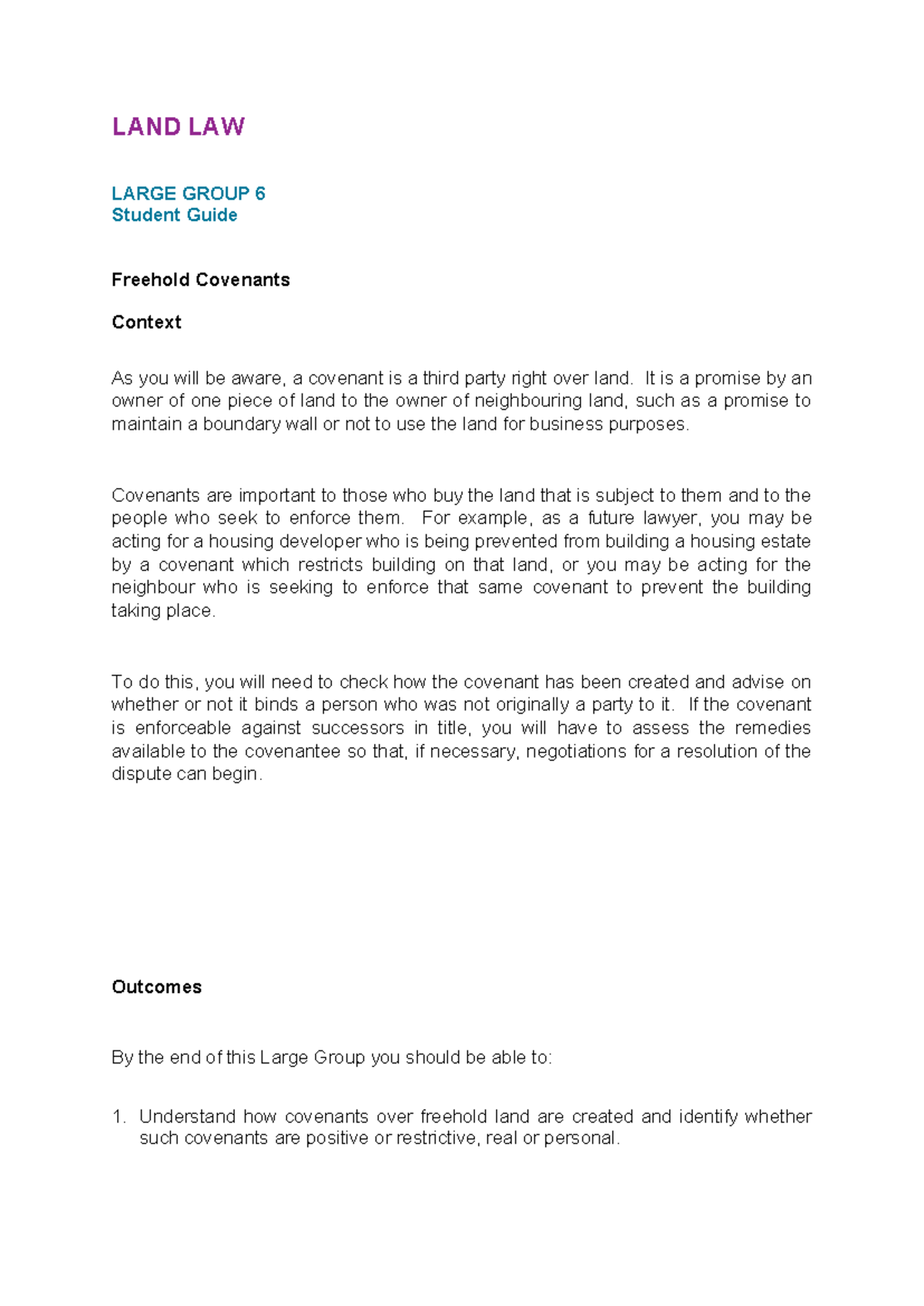 Unit 6 Guide to Freehold Covenants in Land Law - Studocu