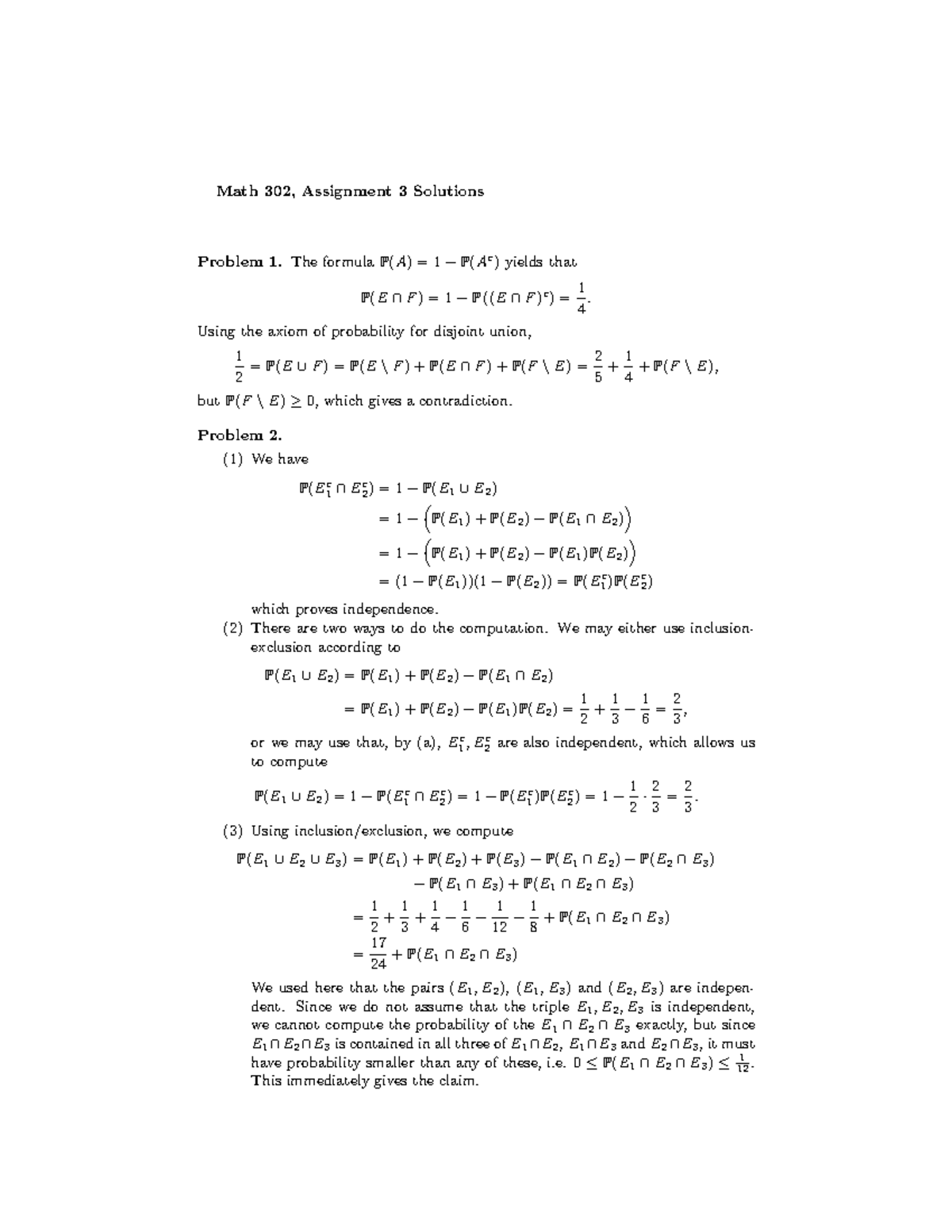 Hw 3 solutions - Math 302, Assignment 3 Solutions Problem 1. The ...
